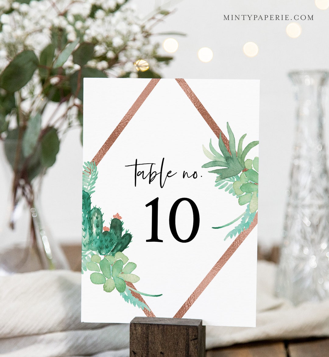Succulent Table Number Card Template, Cactus & Rose Gold Wedding Table ...
