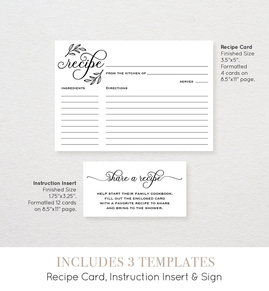Recipe Card Set, Printable Recipe Card, Sign and Instruction Card ...