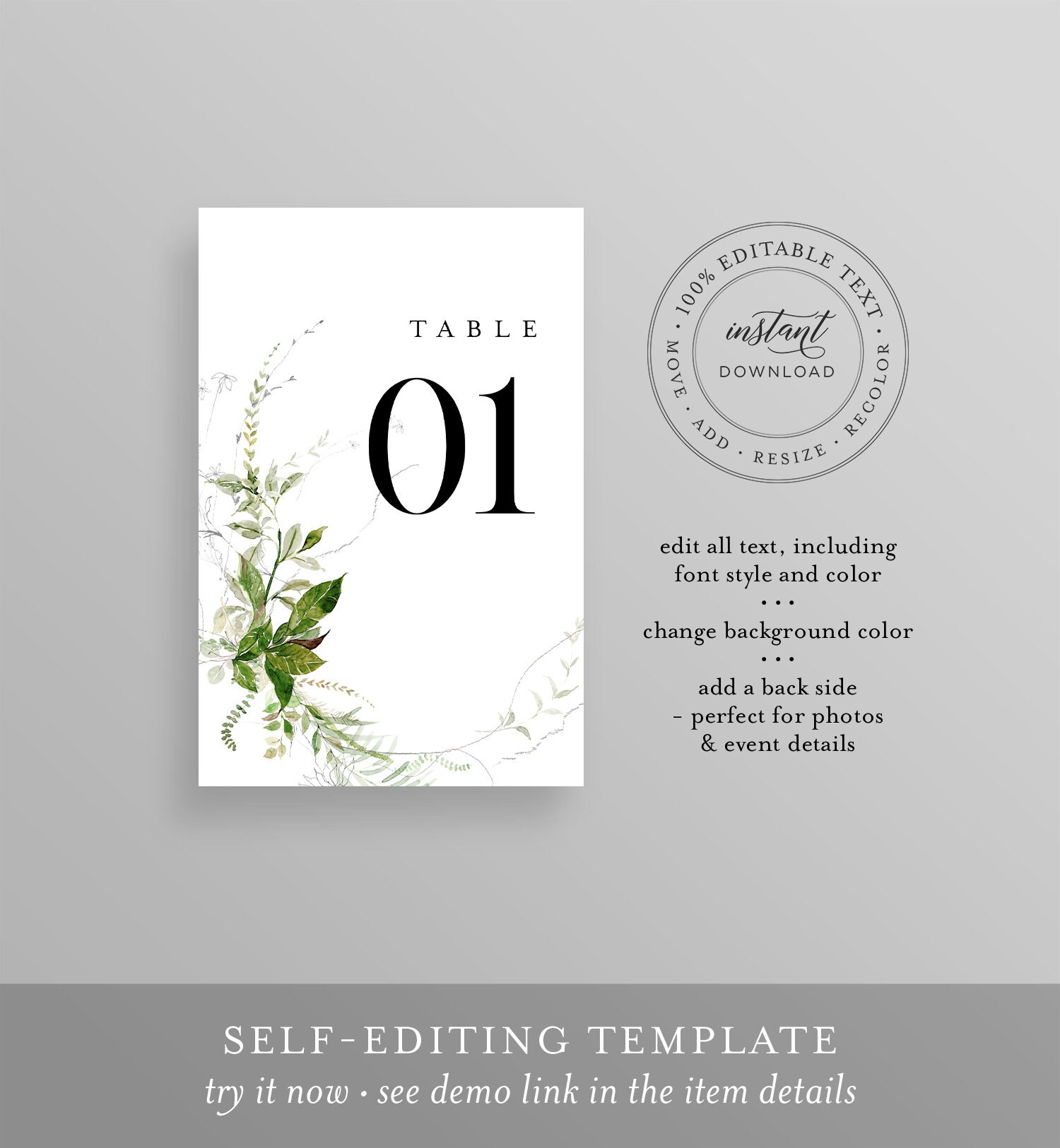 Modern Greenery Table Number Card Template Minimalist Wedding - Etsy