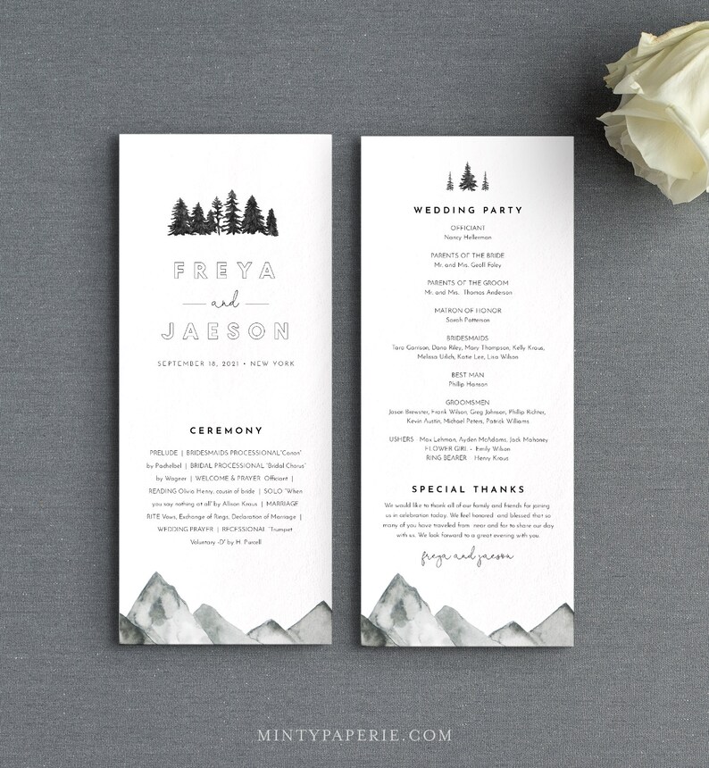 Mountain Pine Wedding Program Template Rustic Simple Order of | Etsy