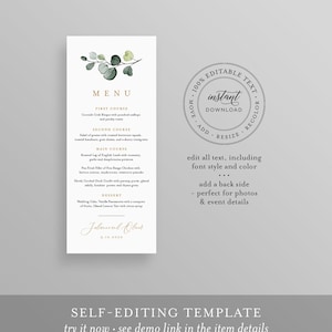 Greenery Menu Template, Modern, Elegant, INSTANT DOWNLOAD, Printable ...