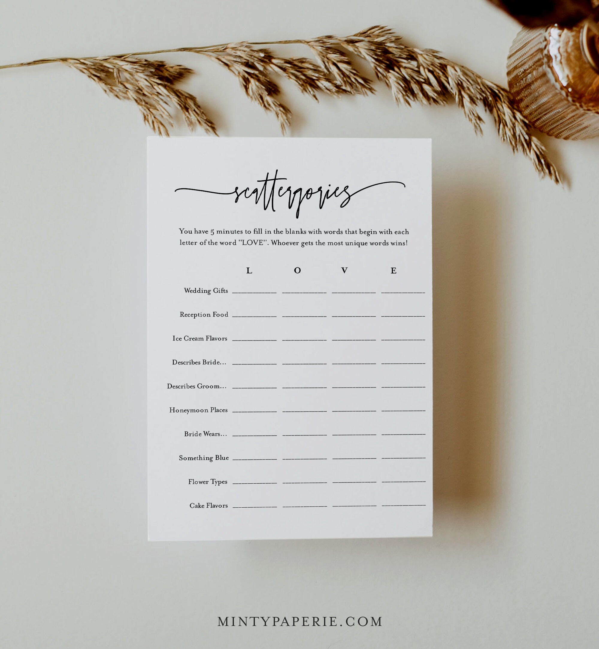 Bridal Scattergories Game Minimalist Bridal Shower Game Wedding