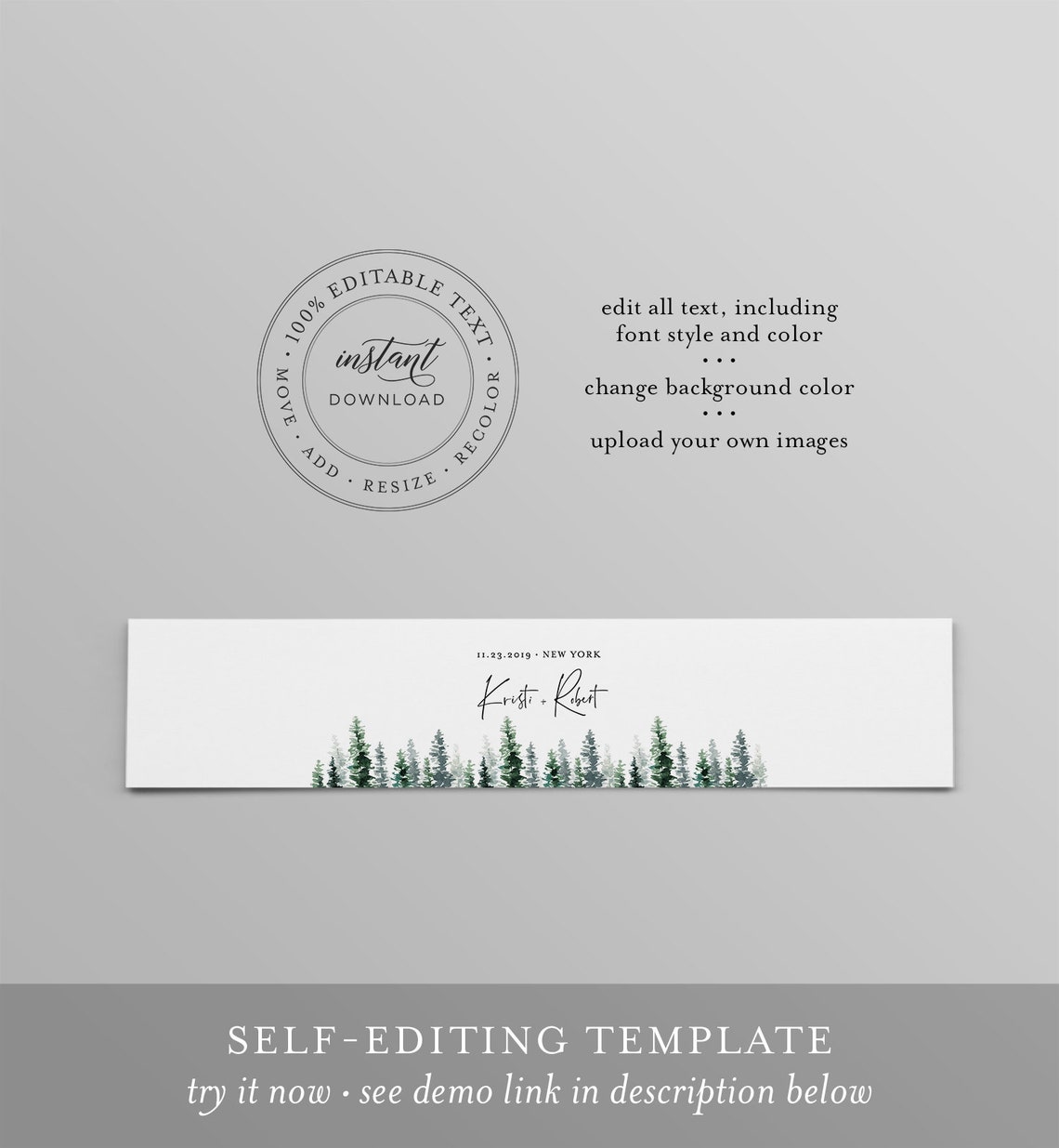 Pine Tree Water Bottle Label Template 100% Editable Text | Etsy