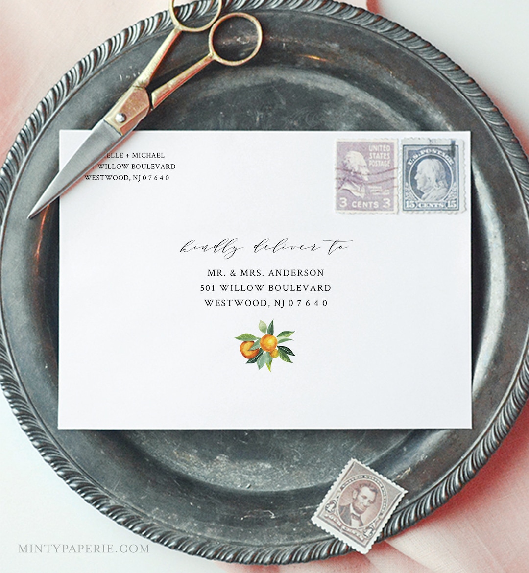 Orange Envelope Template, Citrus Greenery Wedding Address Printable ...