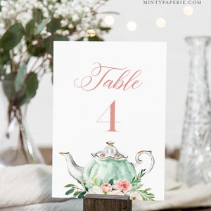 Tea Party Table Number Card Template, Teapot Wedding Table Number ...