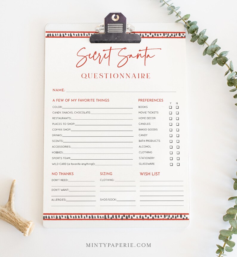 Secret Santa Questionnaire Modern Christmas Gift Exchange - Etsy