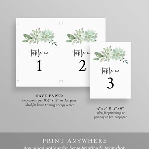 Succulent Table Number Card Template, Printable Greenery Wedding Table ...