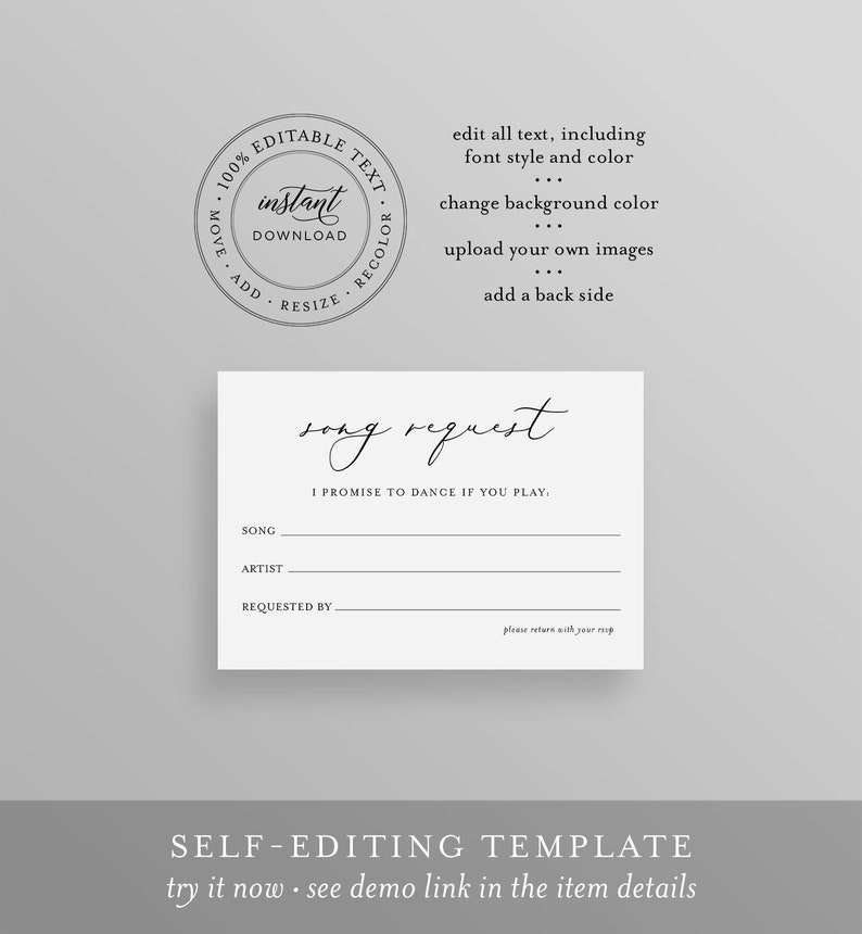 Minimalist Song Request Card Printable Wedding DJ Request | Etsy