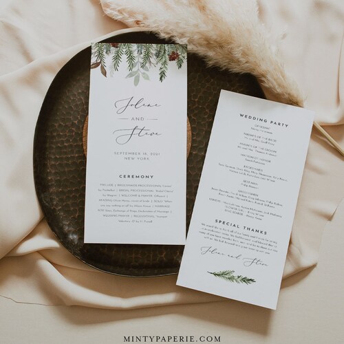 Pine Cone and Cotton Wedding Program Template Editable Winter - Etsy