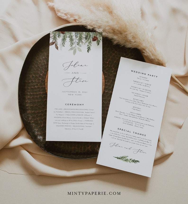 Winter Pine Wedding Program Template Printable Evergreen - Etsy