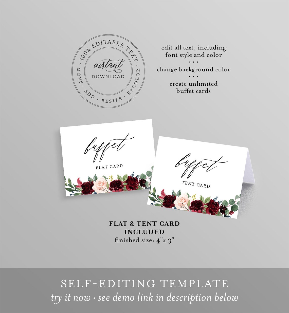 Boho Buffet Card Template Food Label Burgundy Floral Wedding | Etsy