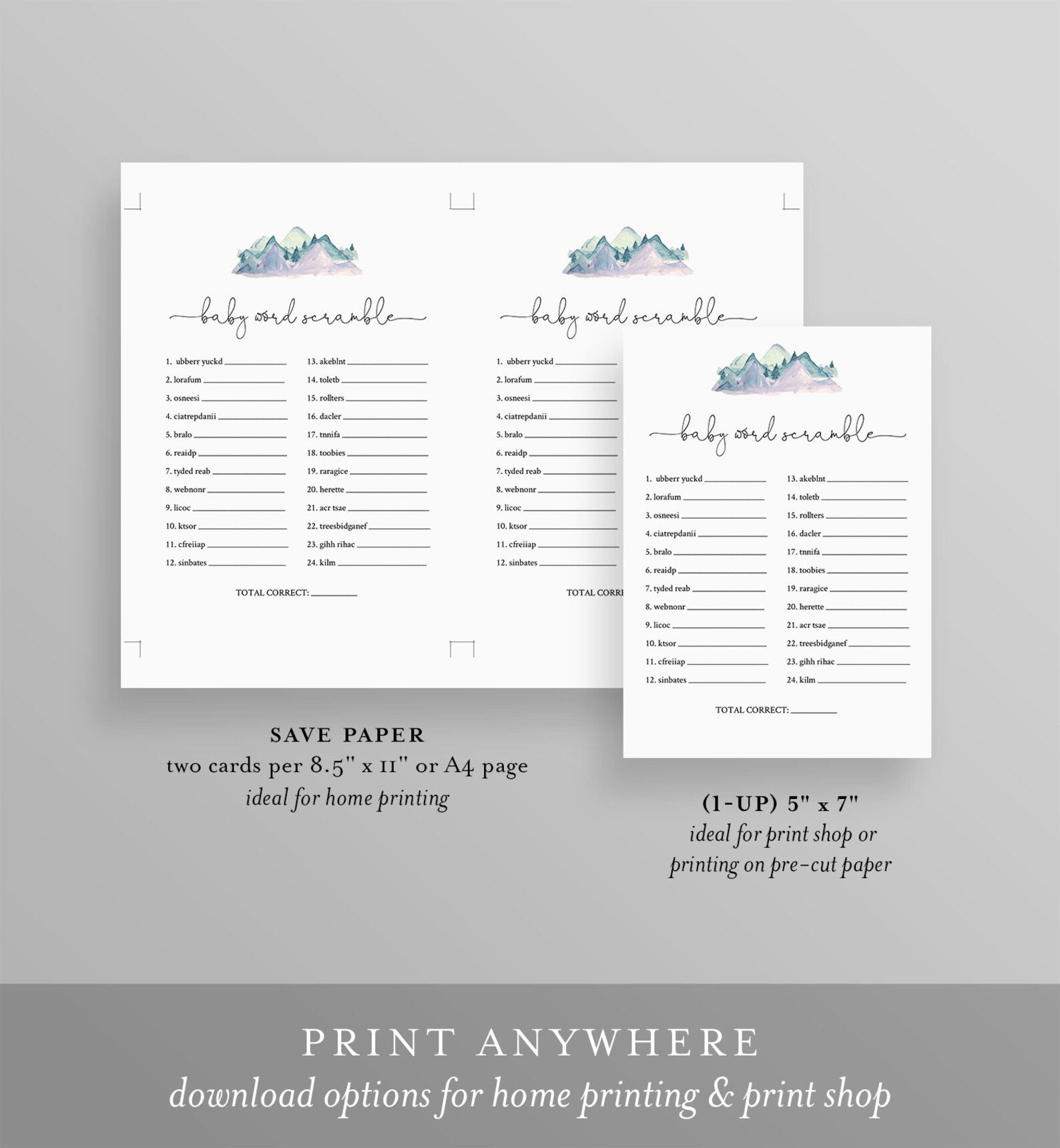 Baby Word Scramble Game, Printable Baby Word Puzzle, Pine & Mountain ...