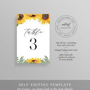 Sunflower Table Number Card Template, Rustic Fall Wedding Table Number ...
