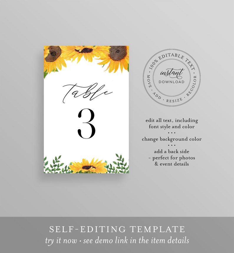 Sunflower Table Number Card Template Rustic Fall Wedding | Etsy