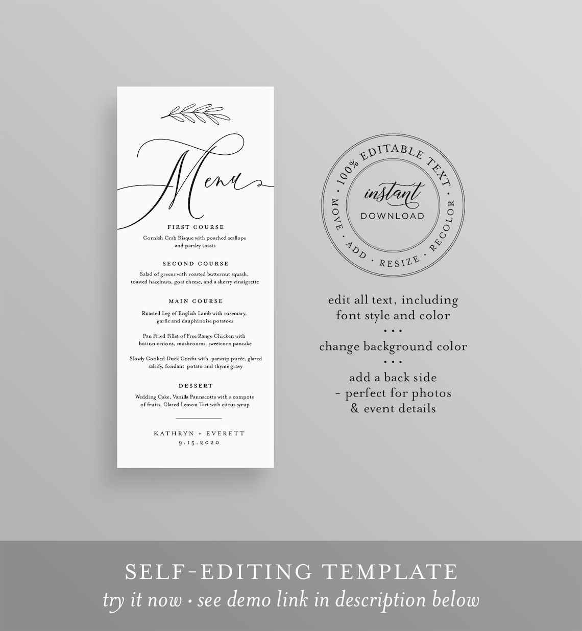Calligraphy Menu Card Template, Modern Minimalist Wedding Dinner Menu ...