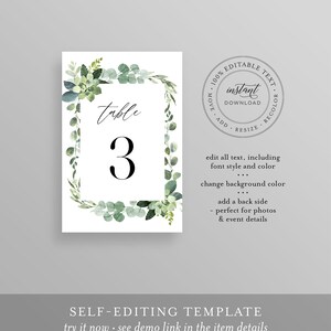 Greenery Table Number Card Template, Garden Wedding Table Number ...