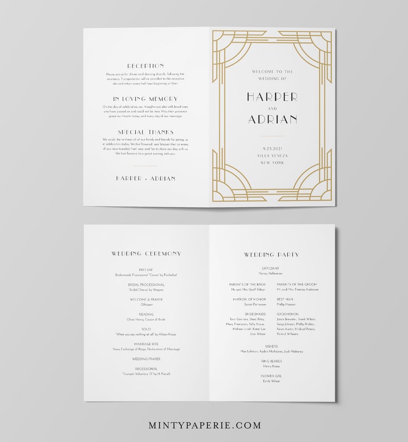 Art Deco Wedding Program Template Editable Minimal Retro - Etsy