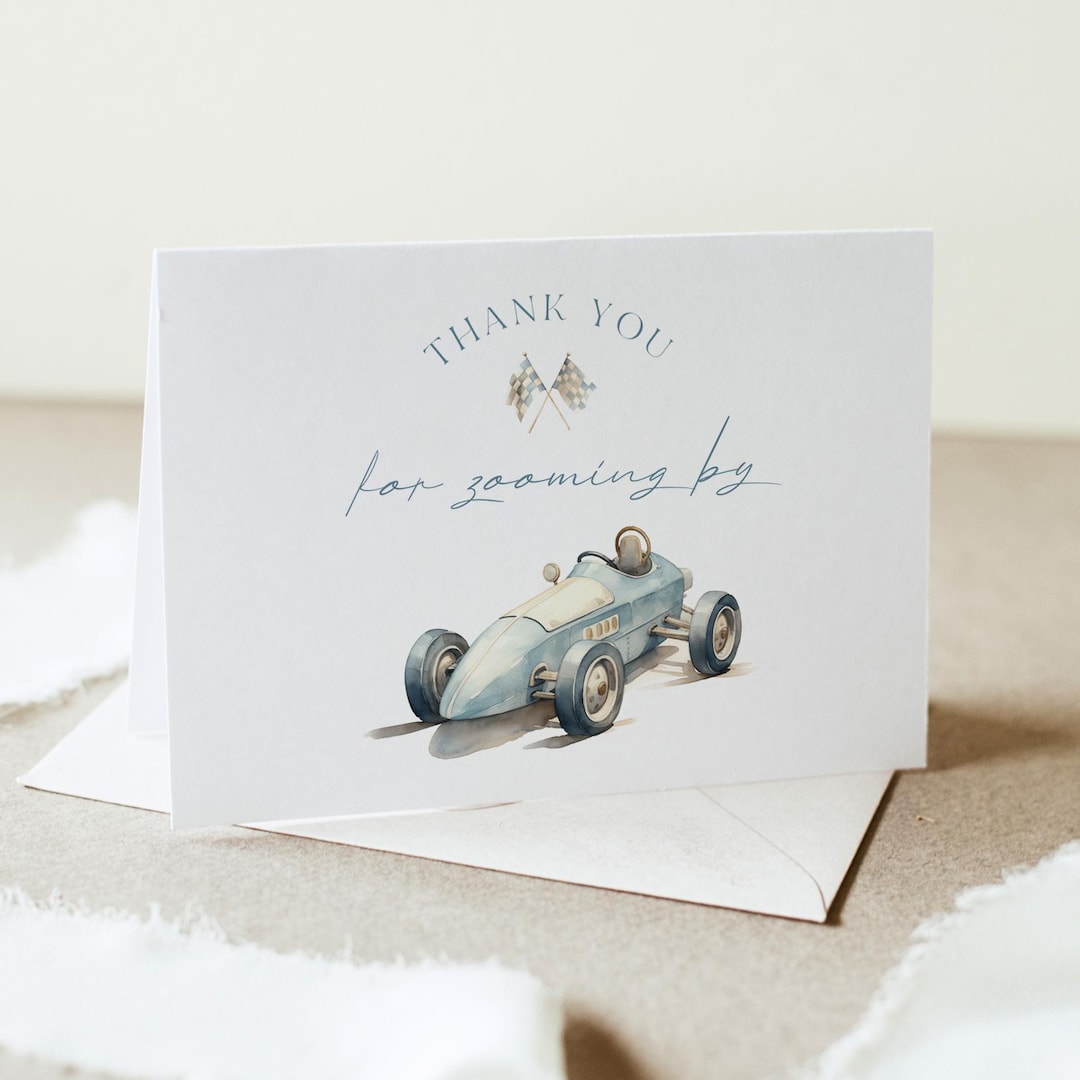 Race Car Thank You Card, Vintage Car Birthday Thank You Note, Flat and ...