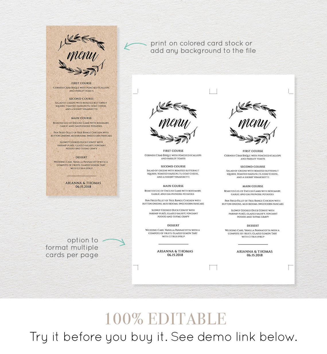 Rustic Wedding Menu Template, Printable Menu Card, Editable Template ...