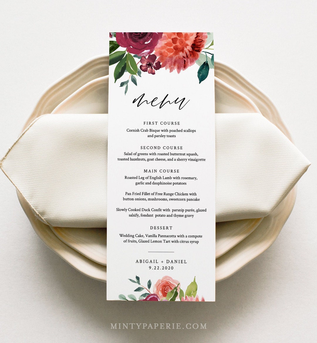 Wedding Menu Card Template, Dinner Menu, Summer Orange Floral Menu Card ...