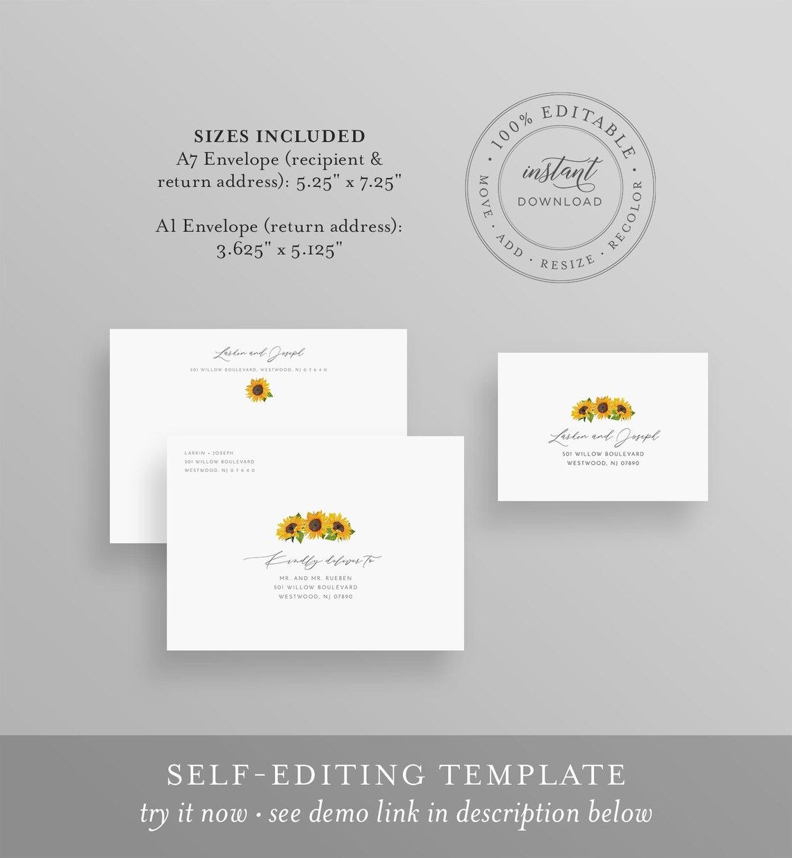 Sunflower Envelope Template DIY Printable Rustic Wedding - Etsy