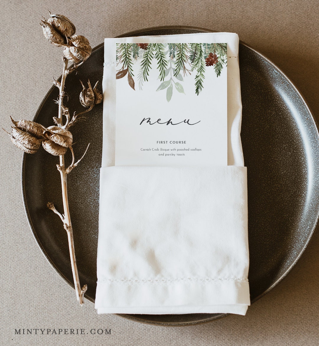 Winter Holiday Menu Template, Printable Pine Wedding Menu Card ...