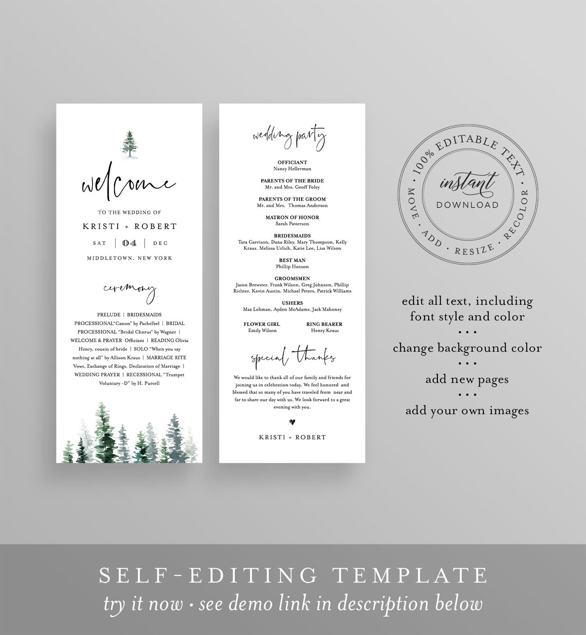 Pine Wedding Program Template Printable Rustic Order of - Etsy