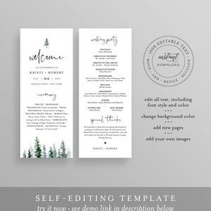 Pine Wedding Program Template, Printable Rustic Order of Service, 100% Editable Text, Flat ...