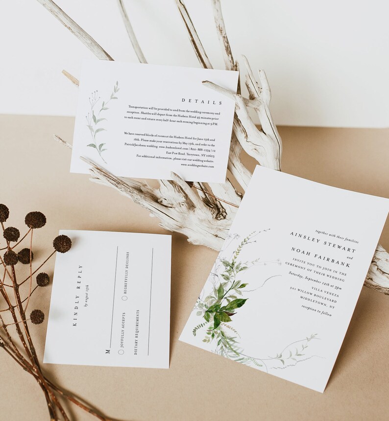 Modern Greenery Wedding Invitation Set, INSTANT DOWNLOAD, Minimalist ...