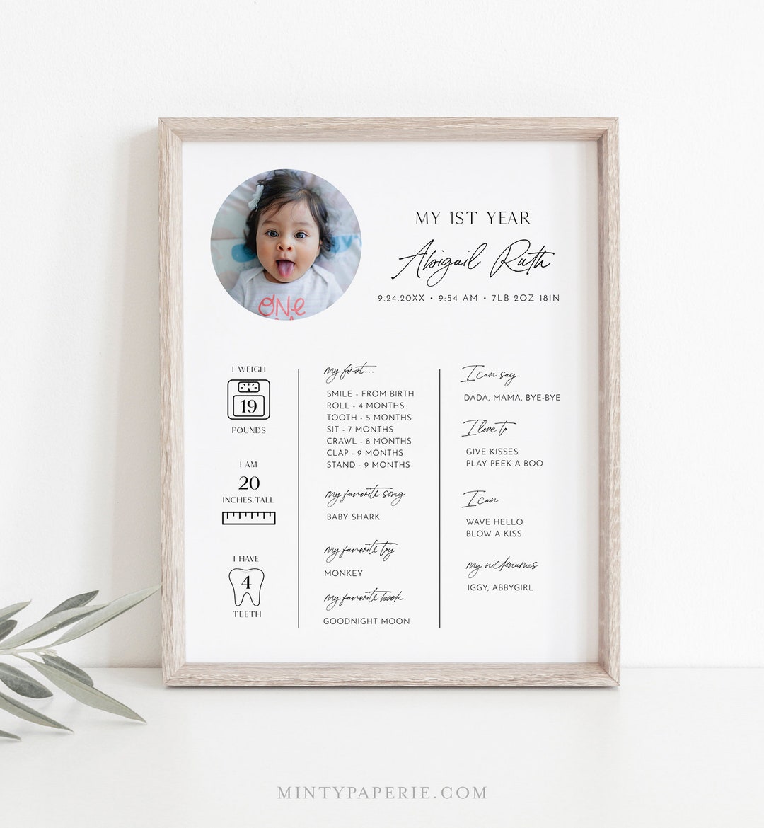First Year Baby Sign, Infographic, Baby Stats, 1st Birthday Party ...