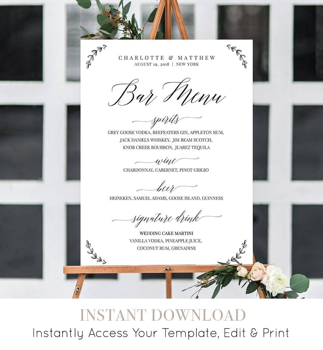 Wedding Bar Menu Sign, Calligraphy Dinner Menu Poster, Buffet Menu ...