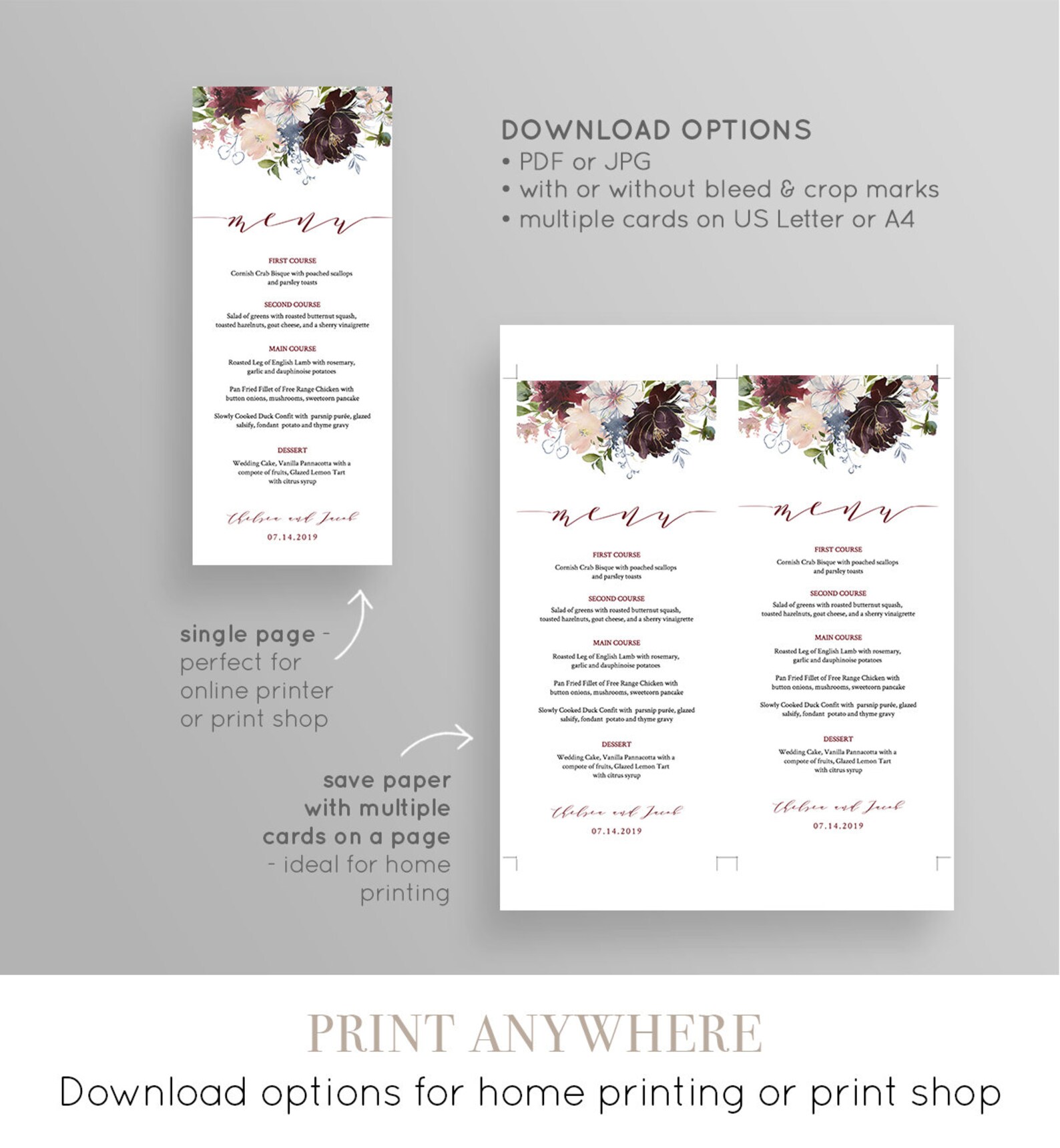 Floral Menu Template Wedding Dinner Menu Printable INSTANT | Etsy