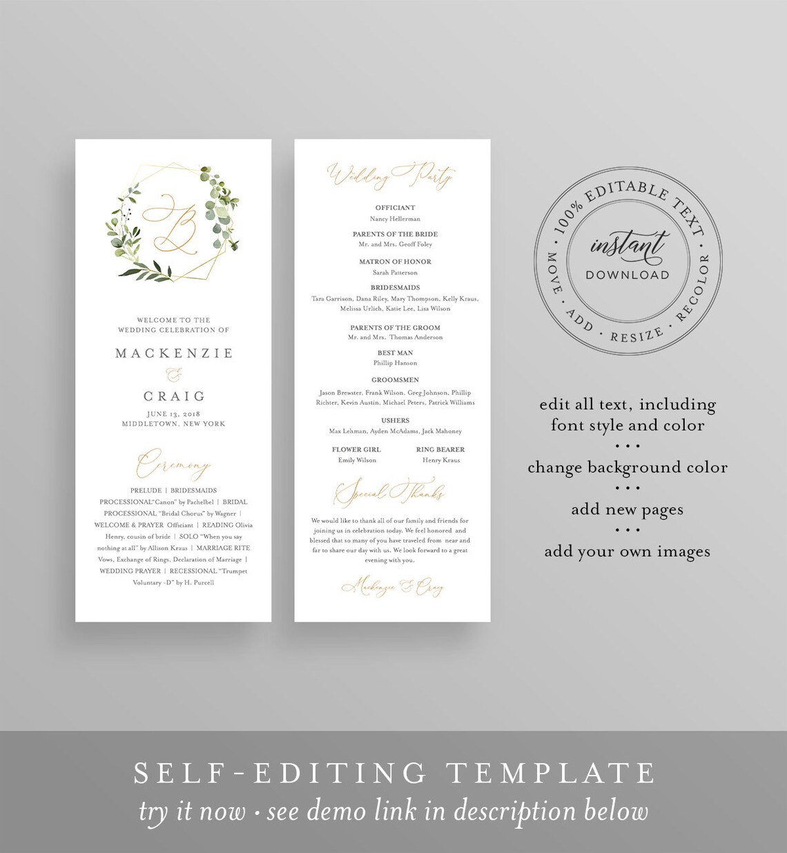 Printable Wedding Program Template Instant Download Order of | Etsy