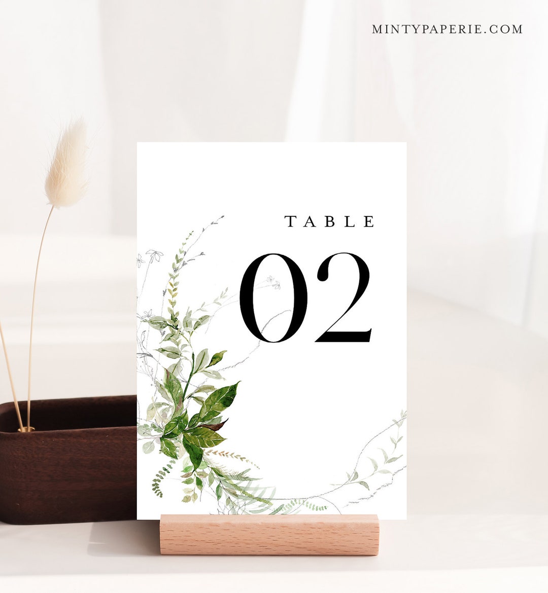 Modern Greenery Table Number Card Template, Minimalist Wedding Table ...
