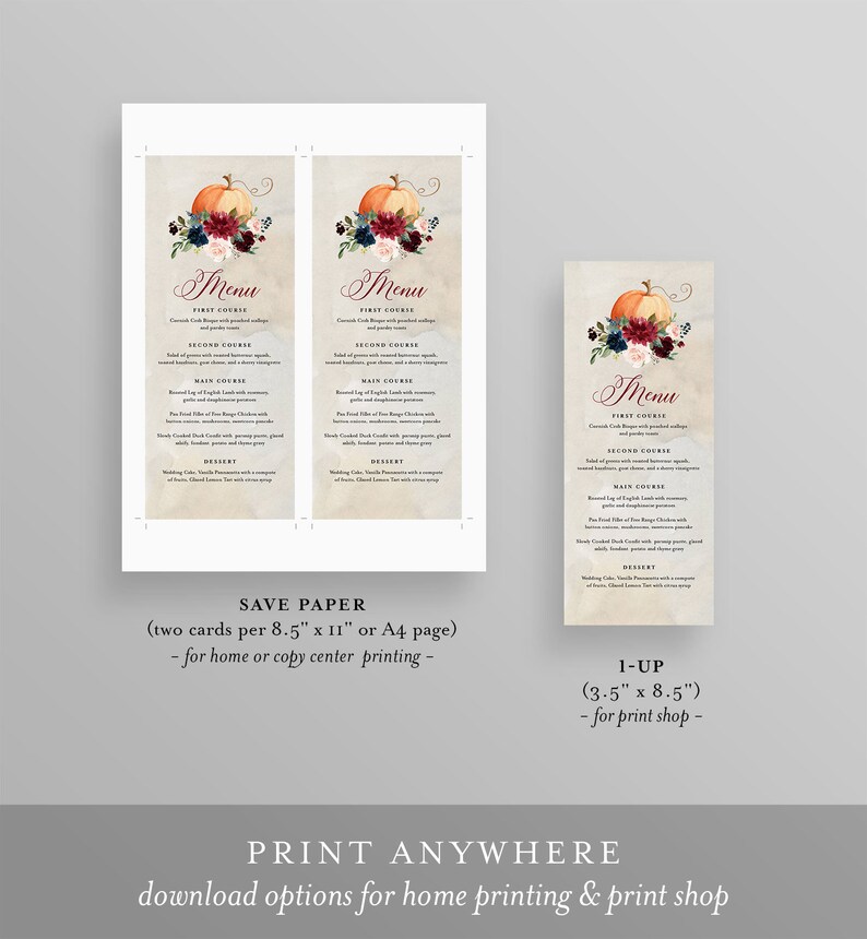 Fall Menu Card Template Pumpkin Dinner Menu for Wedding | Etsy