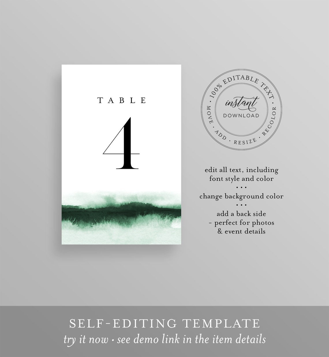 Emerald Green Table Number Card Template, Watercolor Wedding Table ...