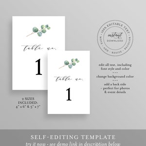 Eucalyptus Table Number Card, Greenery Wedding Table Card, INSTANT ...
