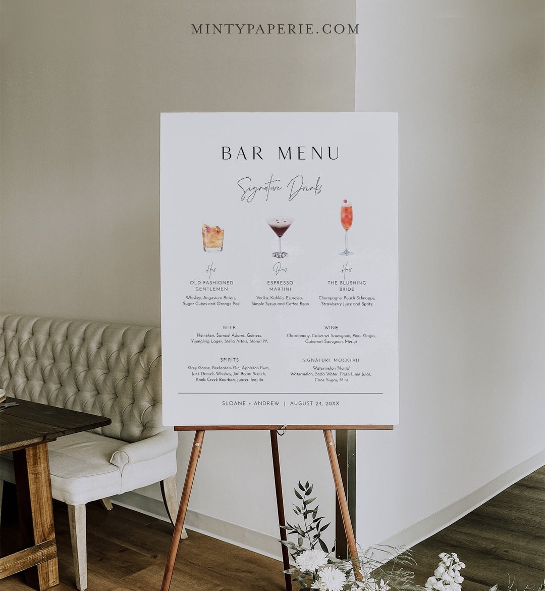 Signature Drinks Bar Sign, 200+ Cocktails, Wine, Beer, Editable ...