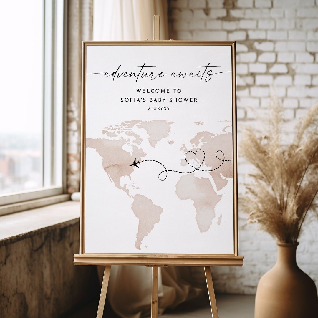 Travel Baby Shower Welcome Sign, World Map, Gender Neutral ...