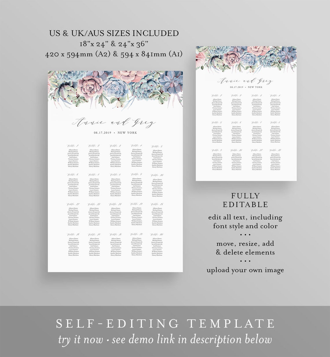 Succulent Seating Chart Template, Printable Wedding Seating Sign ...