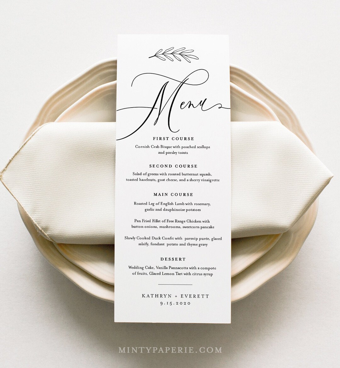 Calligraphy Menu Card Template, Modern Minimalist Wedding Dinner Menu ...