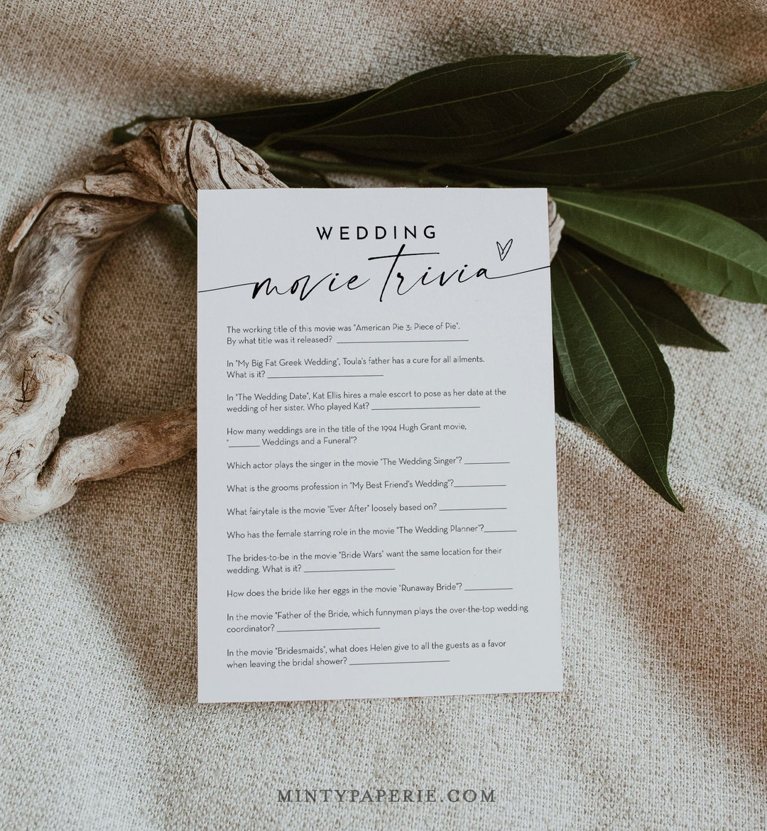 Wedding Movie Trivia Bridal Shower Game Template, Minimalist Bridal ...