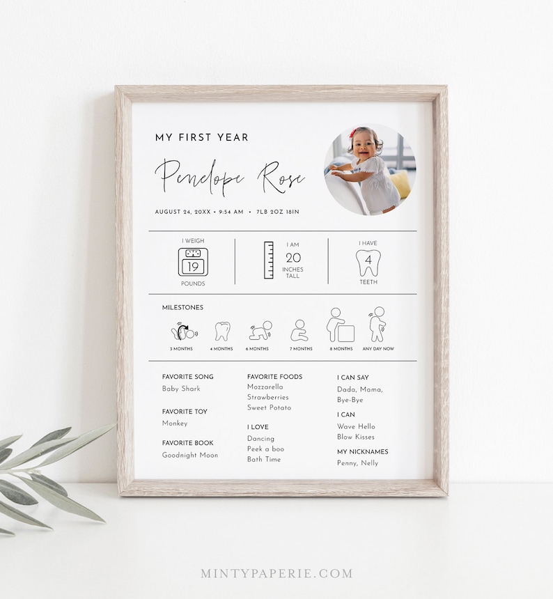 First Year Baby Sign Infographic Baby Stats Poster 1st | Etsy
