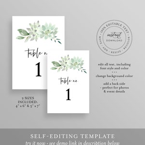 Succulent Table Number Card Template, Printable Greenery Wedding Table ...