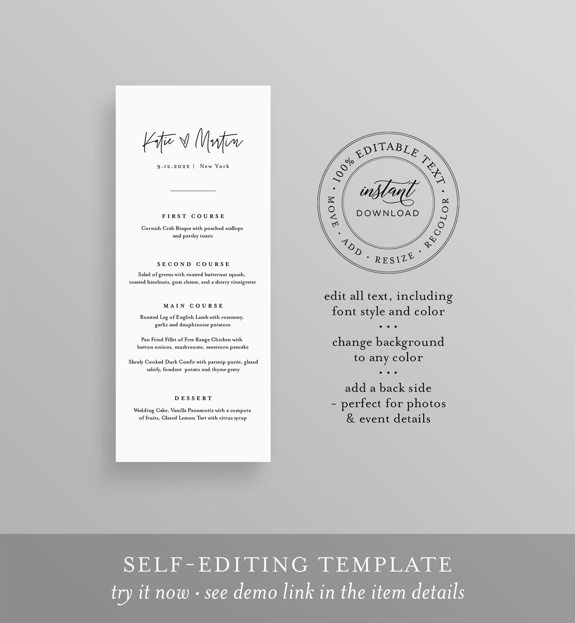 Minimalist Menu Template Printable Modern Simple Wedding - Etsy