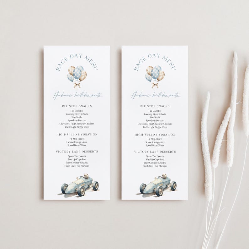 Race Car Menu, Printable Vintage Race Car Birthday Party 4x9 Menu Card ...