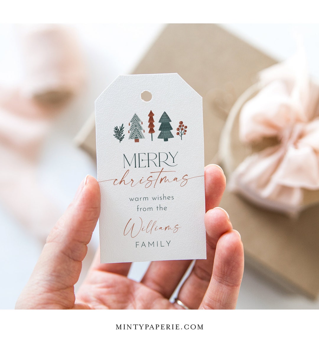 Bohemian Christmas Gift Tag, Printable Holiday Favor Tag, Hygge, Boho ...