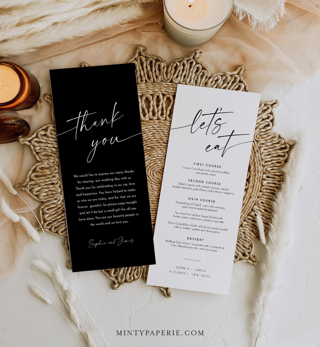 Modern Menu and Thank You Card, Classic Black Wedding Dinner Menu ...