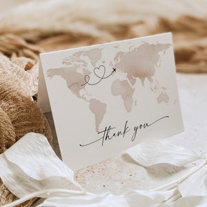 Travel Thank You Folded Card Printable, World Map Wedding / Bridal ...