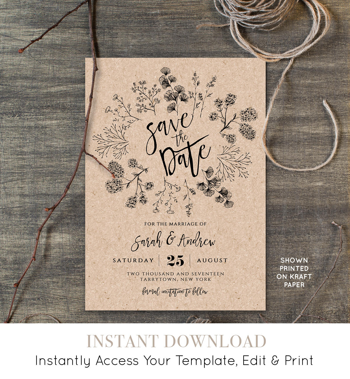Rustic Save The Date Template Instant Download Printable Kraft 